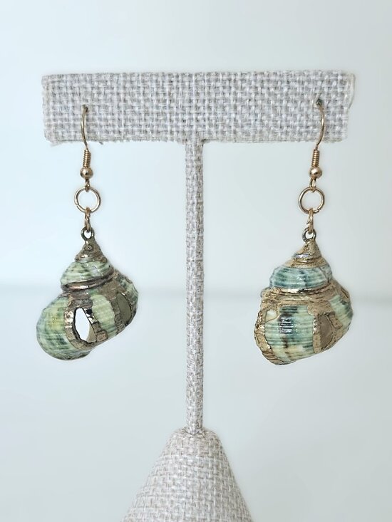 Jewelry | Coastal Seashell Drop Earrings Green Gold Tone Beachy | Poshmark
